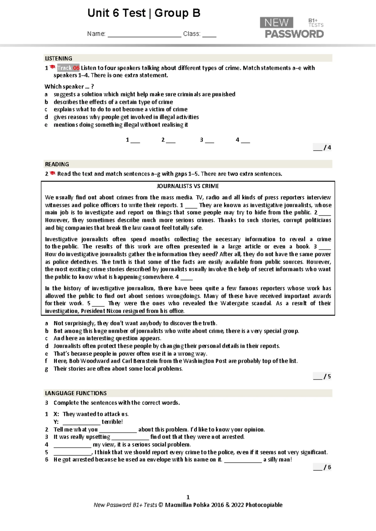 Unit 1 Test B - Język Angielski Klasa 3: Sprawdzian dla Zespołu 3 - Studocu