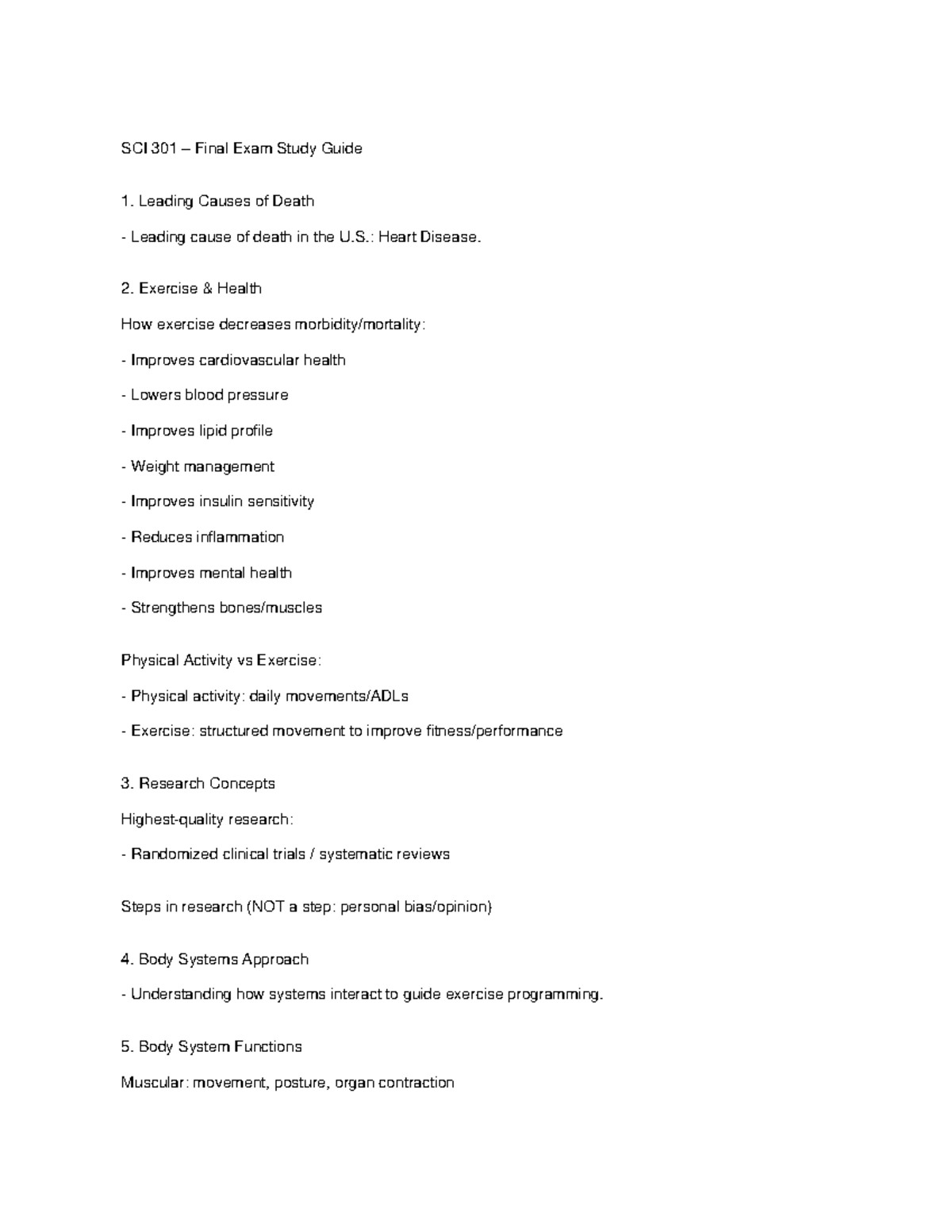SCI 301 Final Exam Study Guide: Key Concepts in Exercise Physiology ...