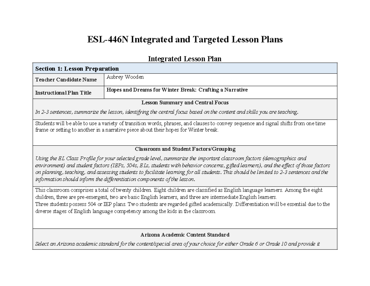 ESL-446N Final Lesson Plans on Narrative Writing: Hopes & Dreams - Studocu