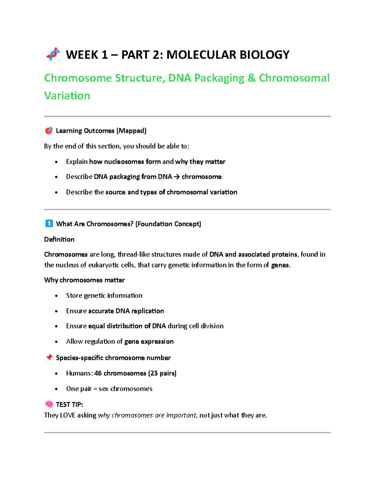 AE- WEEK 1 PART 2: MOLECULAR BIOLOGY - Chromosome Structure & DNA ...