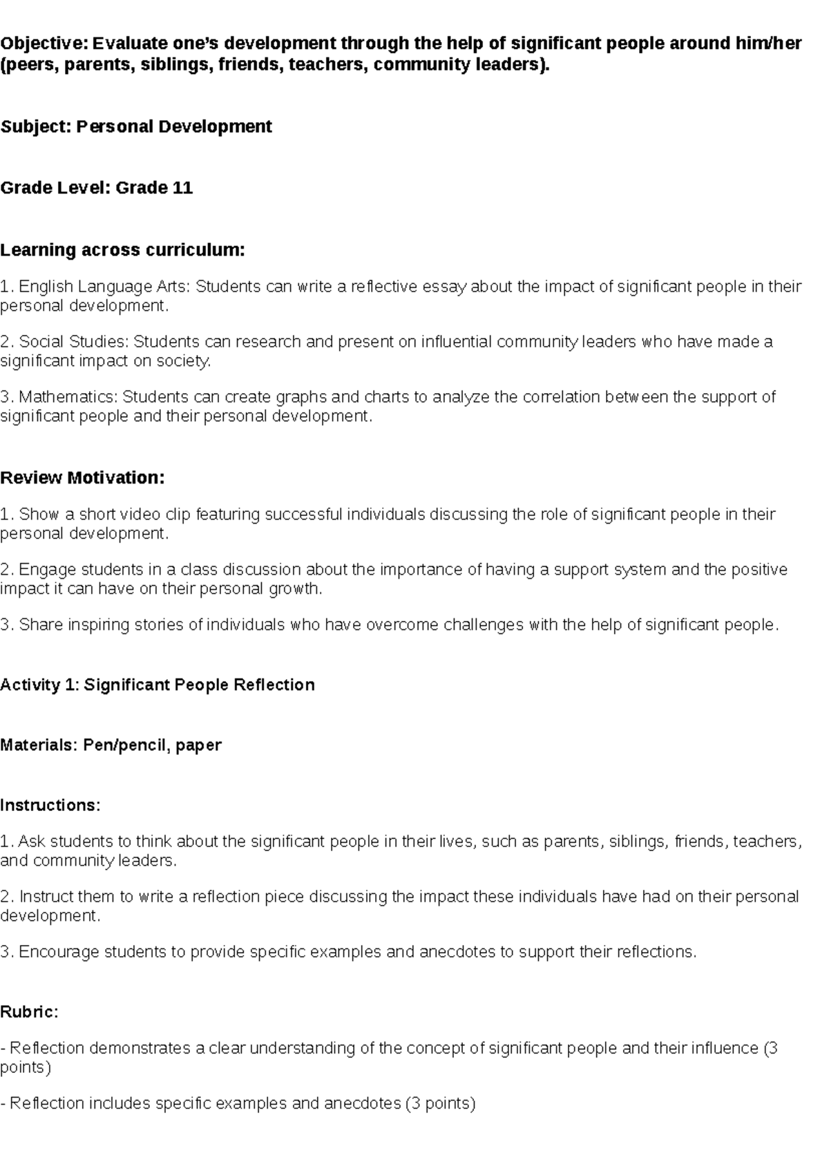Lesson Plan: Personal Development & Significant People for Grade 11 ...
