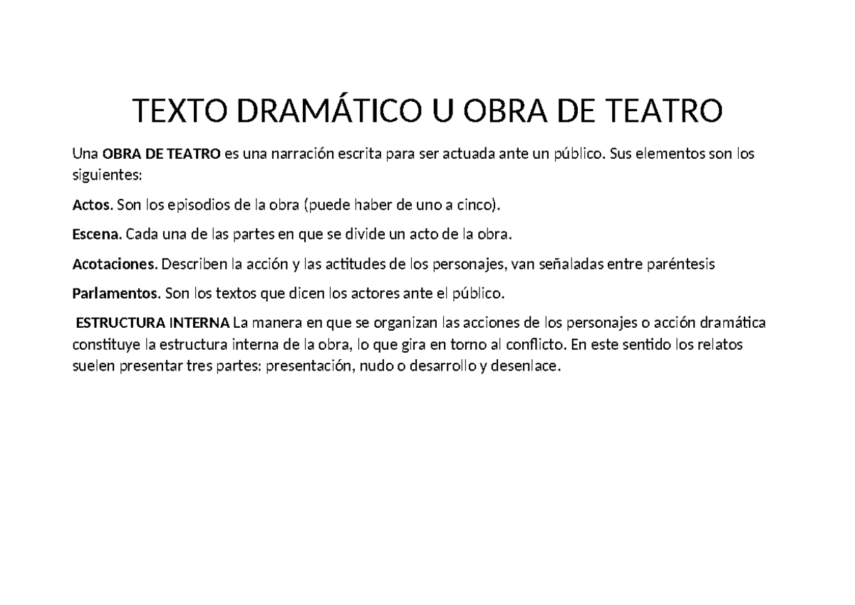 Texto Dramático: Elementos y Estructura de la Obra de Teatro - Studocu