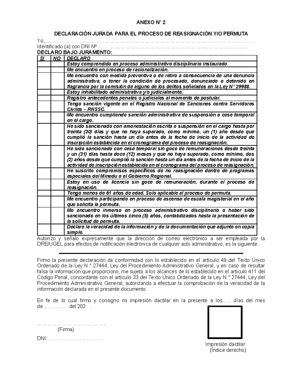 Anexo N° 2: Declaración Jurada para Proceso de Reasignación y Permuta ...