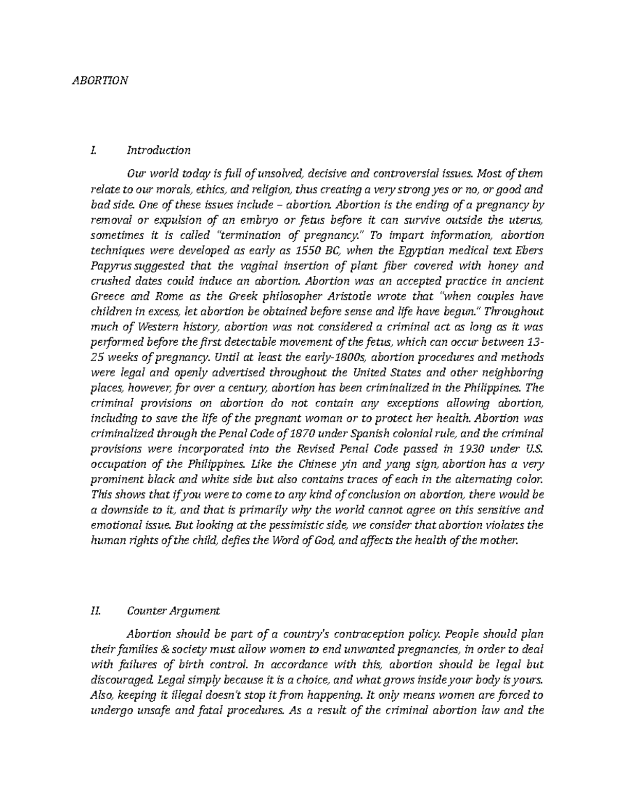 Abortion Position Paper: Ethical Considerations and Human Rights Issues ...