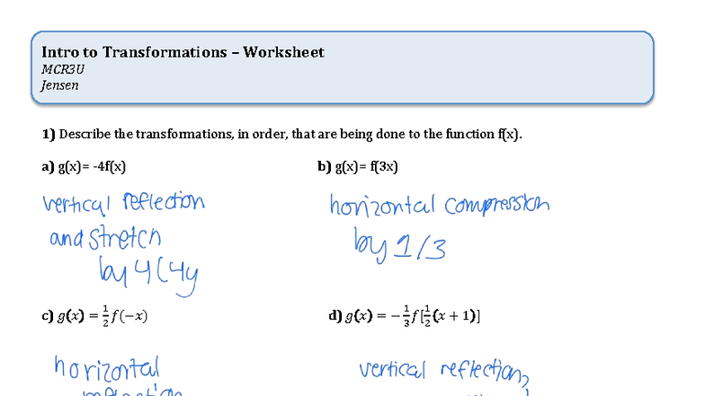 Transformations Worksheet MCR3U - Math 12 Practice Questions - Studocu