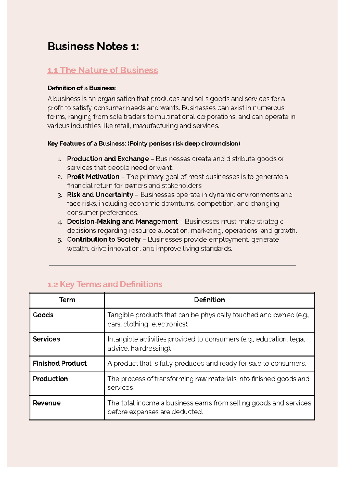 Business Studies Notes - Business Notes 1: 1 The Nature of Business ...