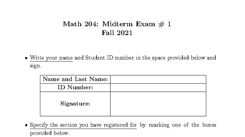 Math 204: Midterm Exam 1 - Fall 2021 Instructions and Problems - Studocu