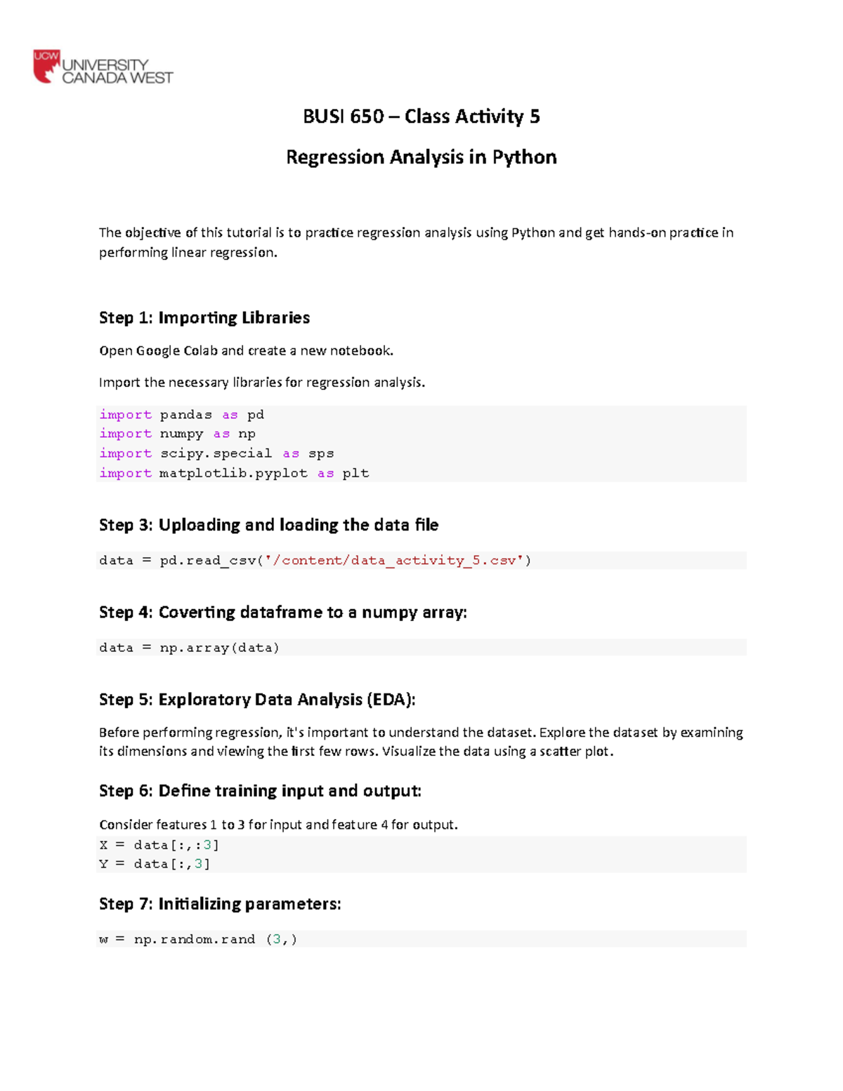 Class activity-5 - BUSI 65 0 – Class Activity 5 Regression Analysis in ...