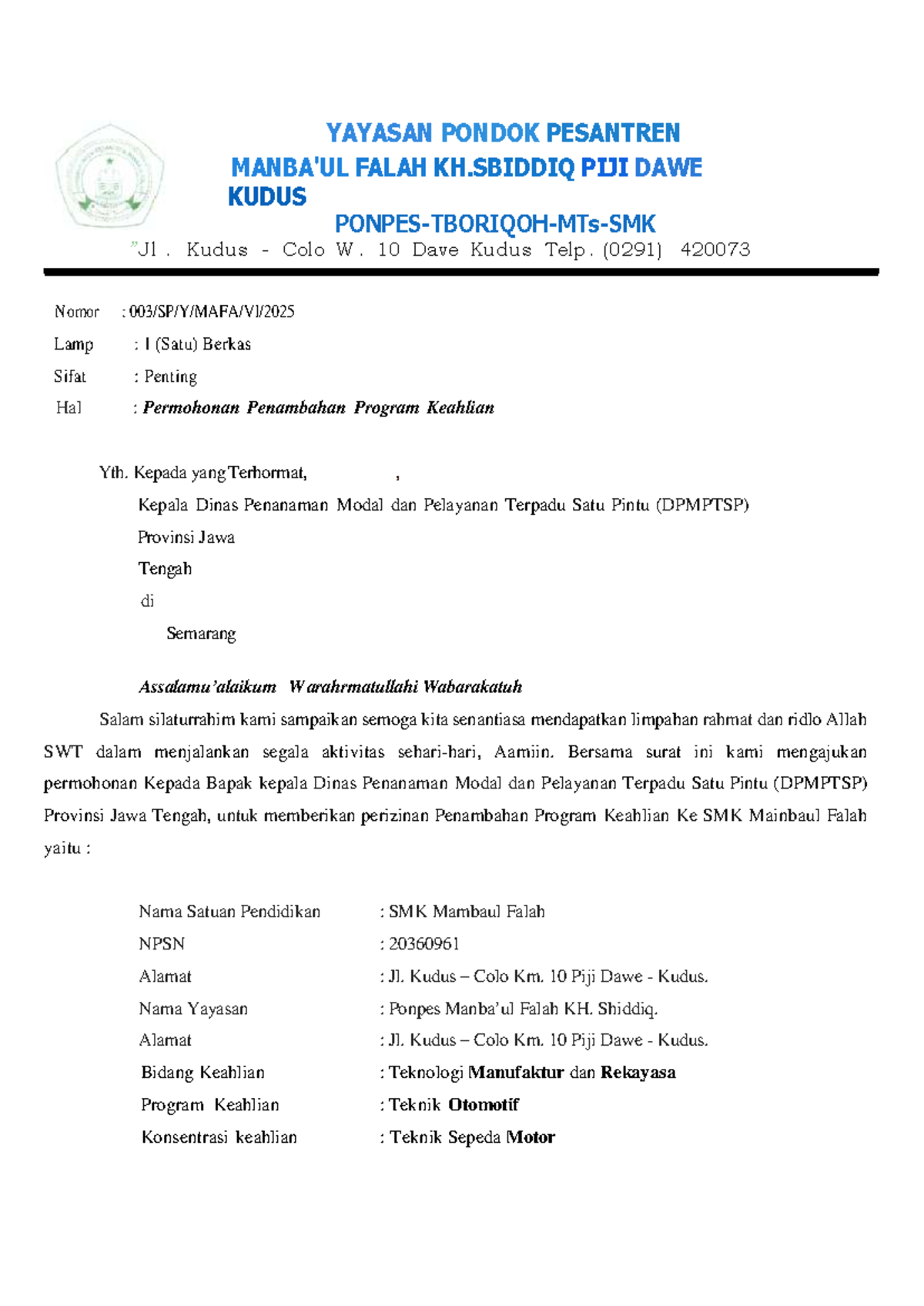Surat Permohonan Penambahan Program Keahlian SMK Mambaul Falah - Studocu