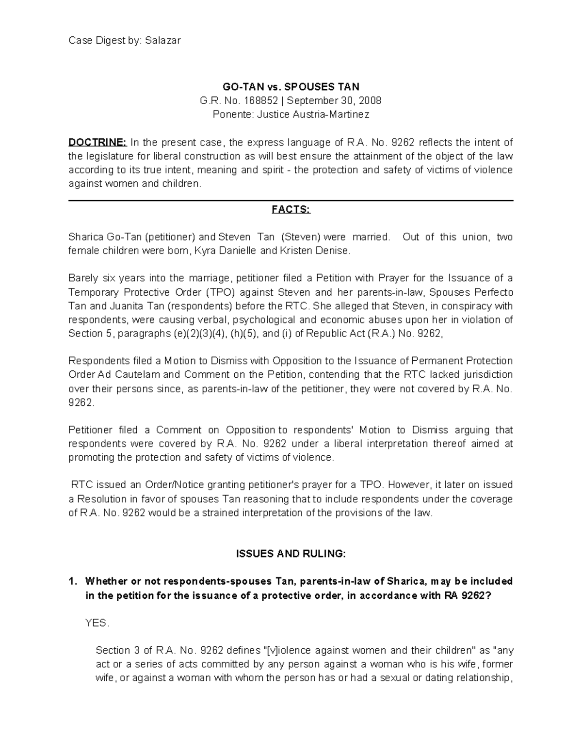 Case Digest: Salazar vs. Spouses Tan (G.R. No. 168852) Analysis - Studocu