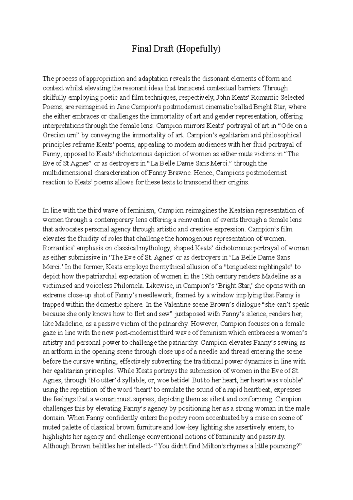 Final English Draft Mod A: Reimagining Keats in Campion's Bright Star ...