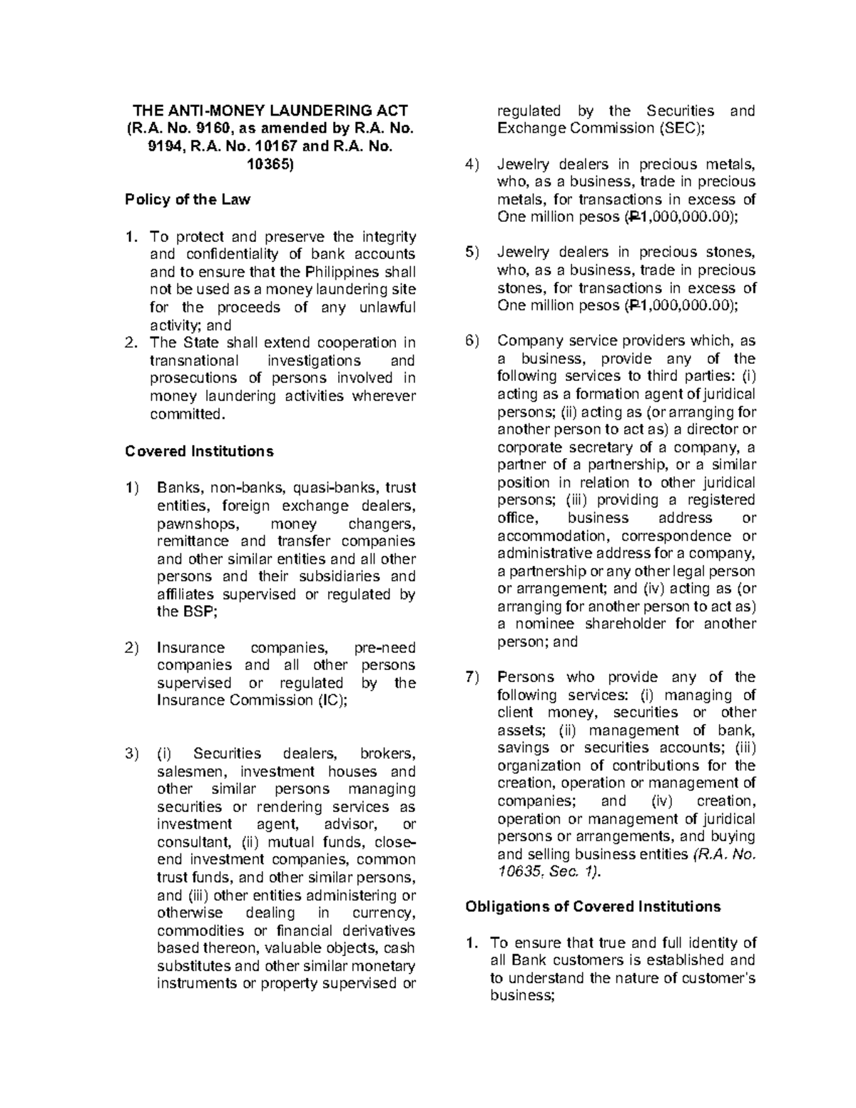AMLA - The Anti-Money Laundering Act Overview and Regulations - Studocu