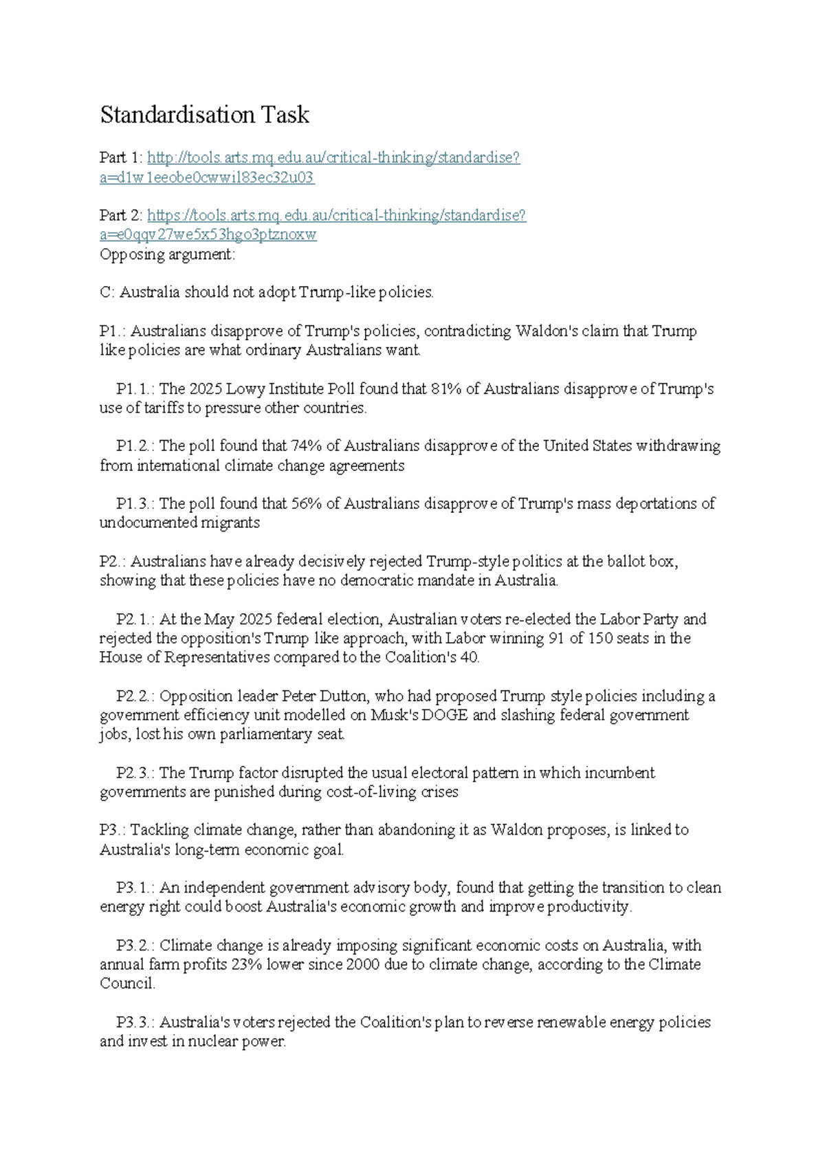 Standardisation Task: Opposing Arguments on Australian Policies ...