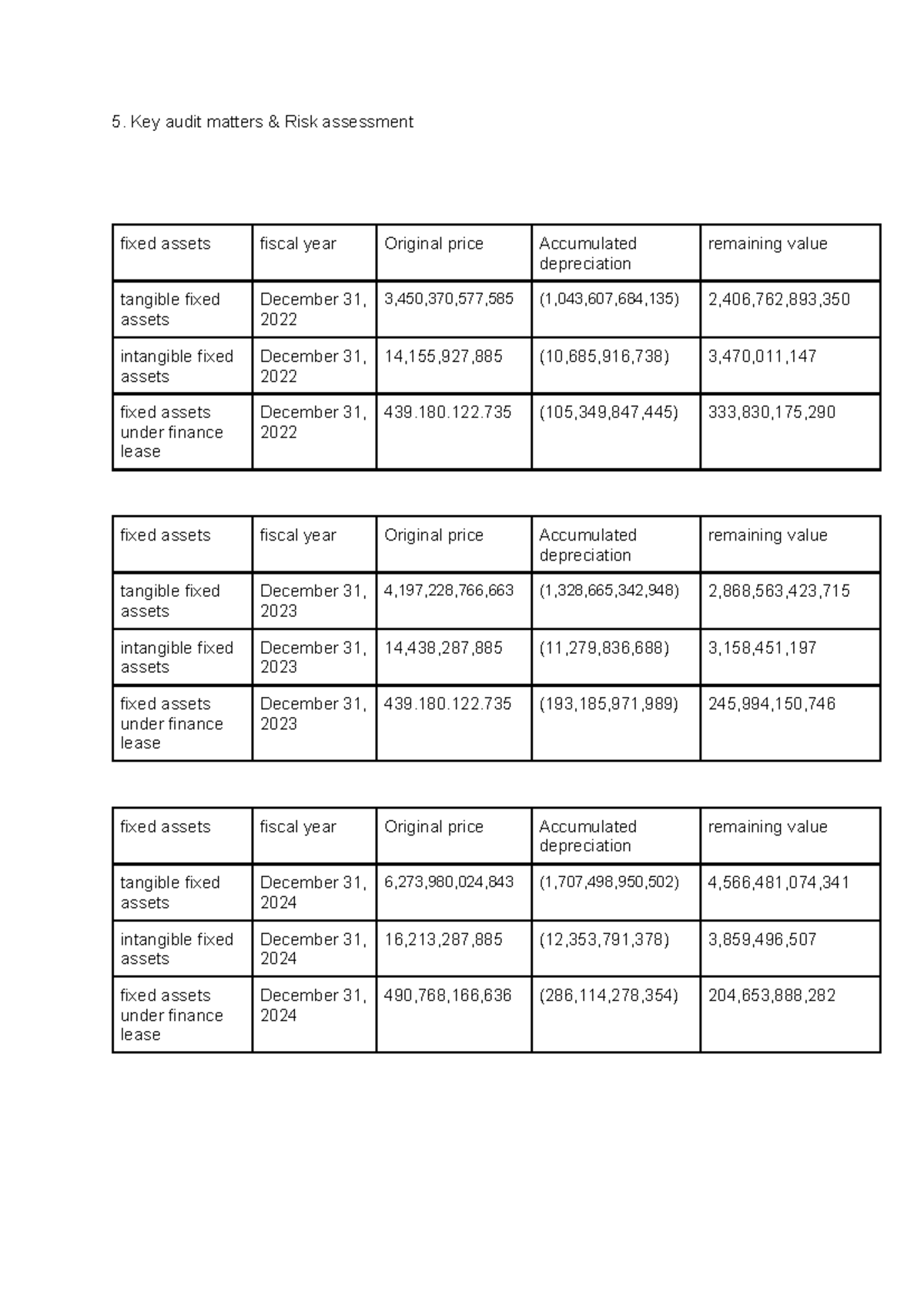 5. Key Audit Matters & Risk Assessment for Fixed Assets (FY 2022-2024 ...