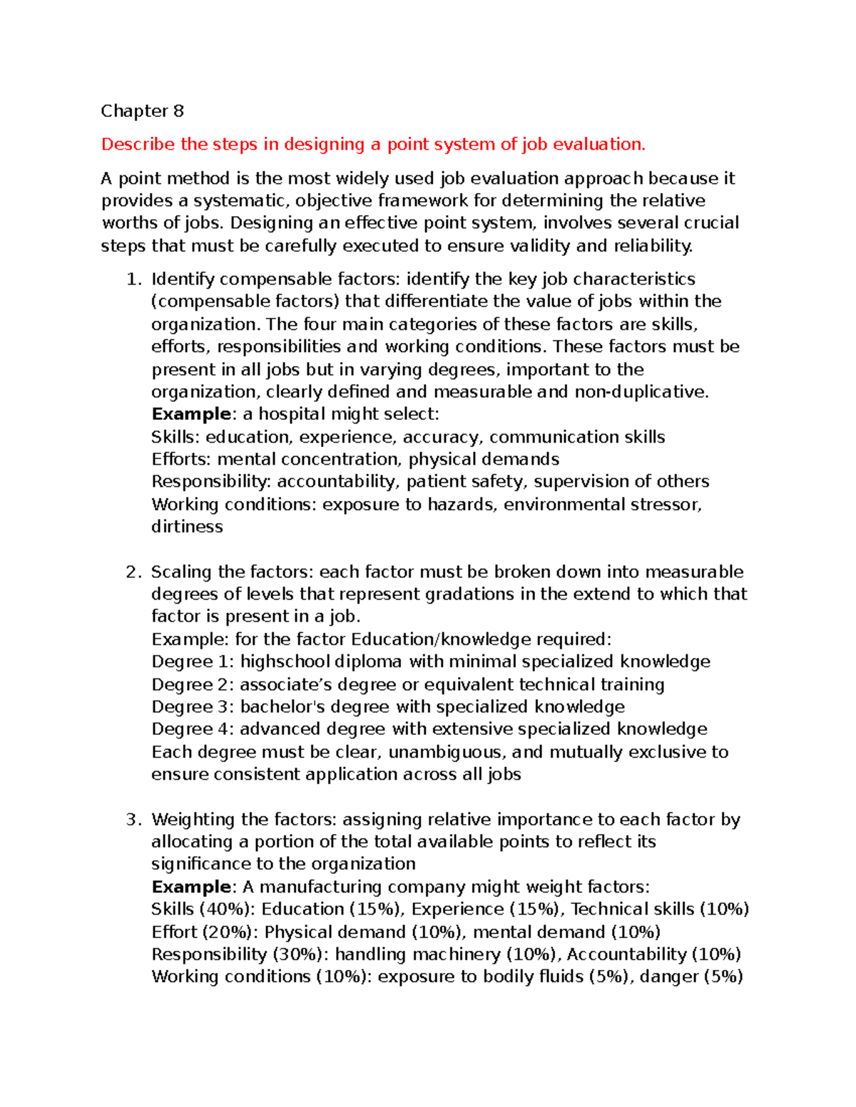 Chapter 8 - C&B: Steps in Designing a Job Evaluation Point System - Studocu