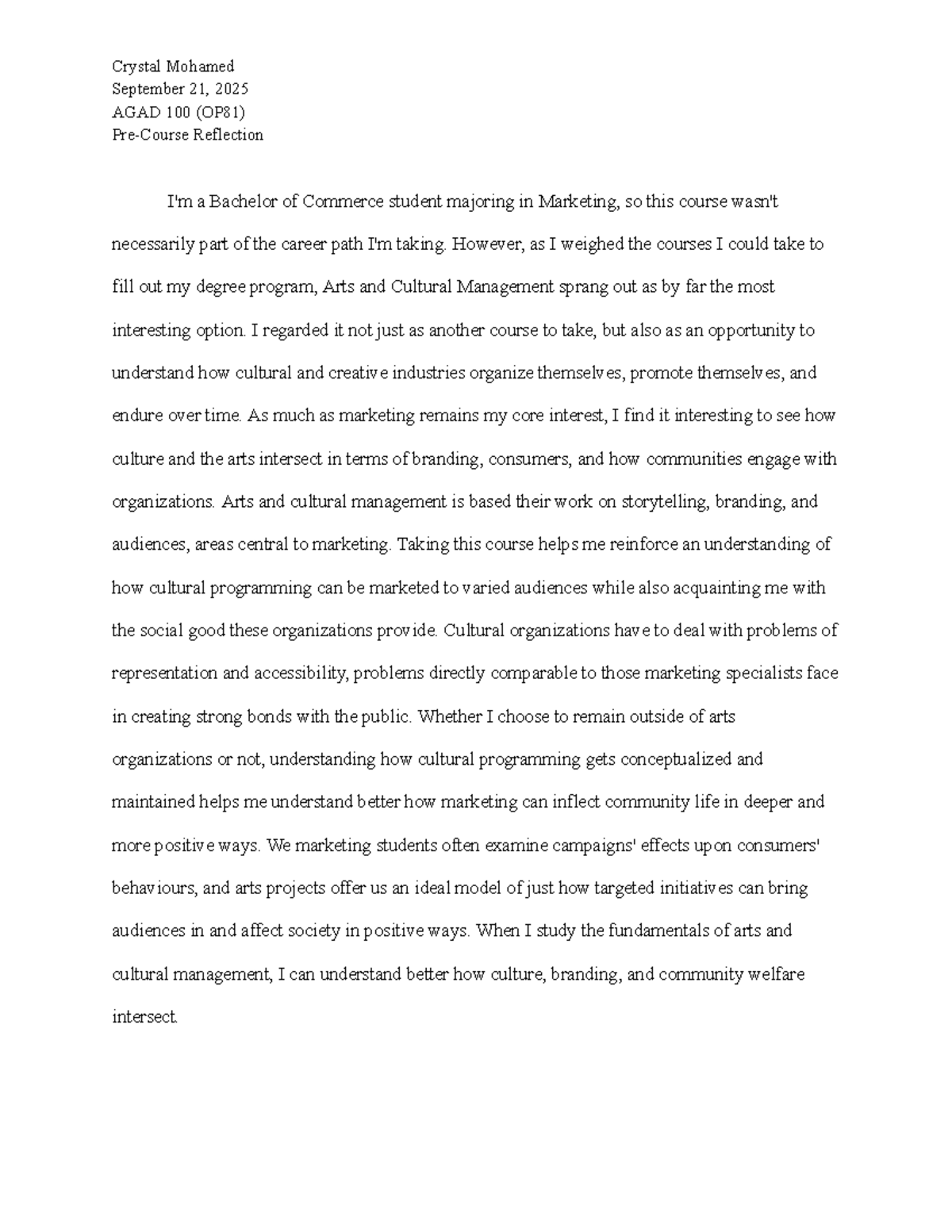 AGAD 100 (OP81) Pre-Course Reflection on Arts & Cultural Management ...