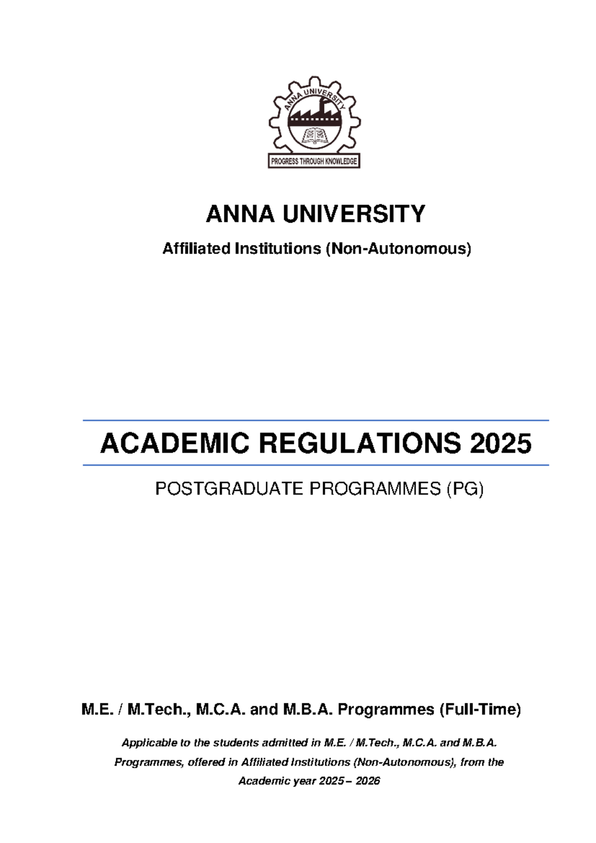 PG Regulations 2025: Academic Guidelines for M.E., M.Tech., M.C.A., and ...