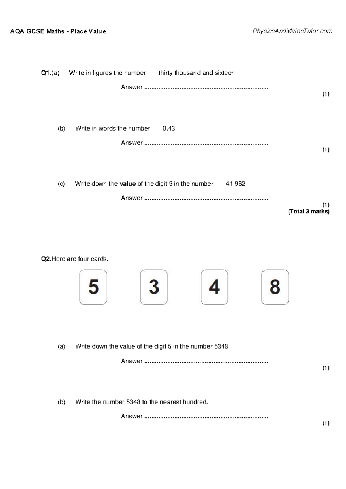 AQA GCSE Maths Place Value Practice Questions - Studocu