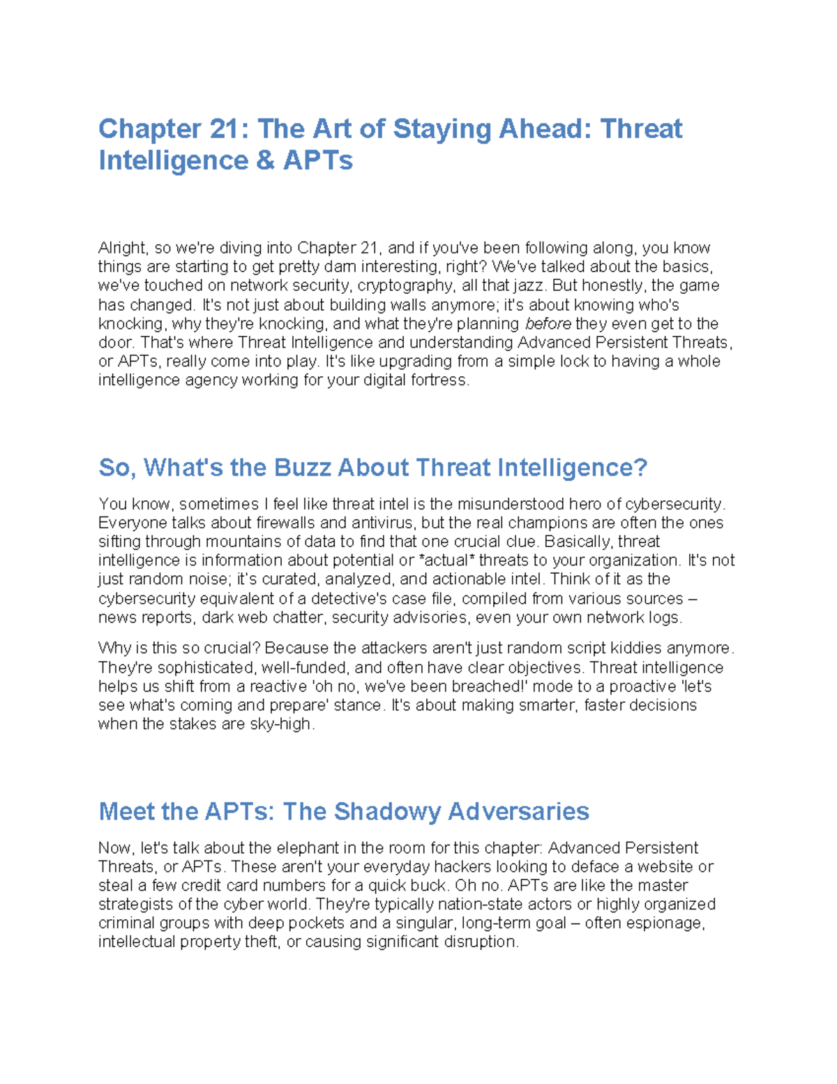 Info Sec Chapter 21: Understanding Threat Intelligence & APTs - Studocu