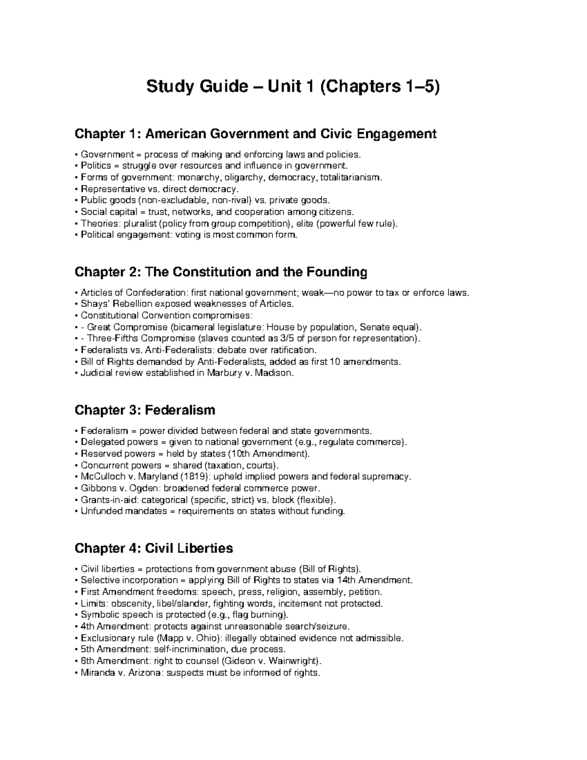Study Guide for American Government (GOV101) - Chapters 1-5 Overview ...