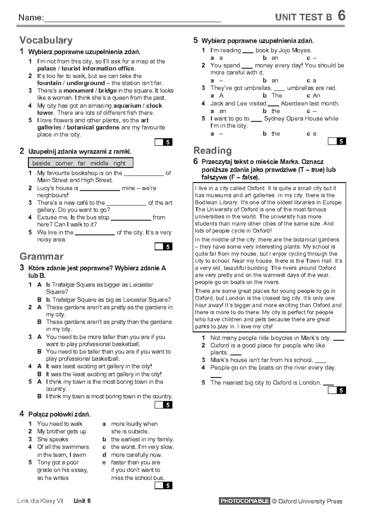 Vocabulary Unit Test B - Class VI Unit 6 - Studocu