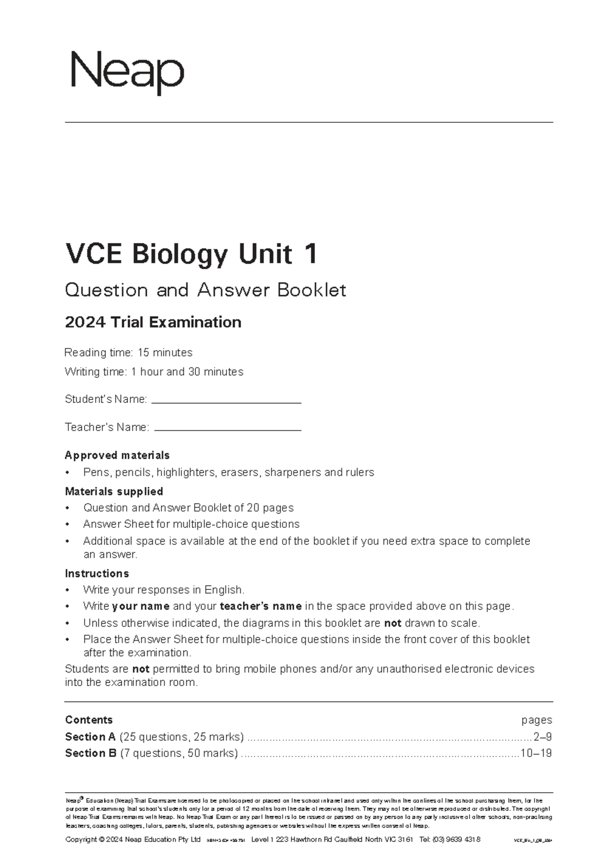 VCE Biology Unit 1 Trial Exam Question & Answer Booklet 2024 - Studocu