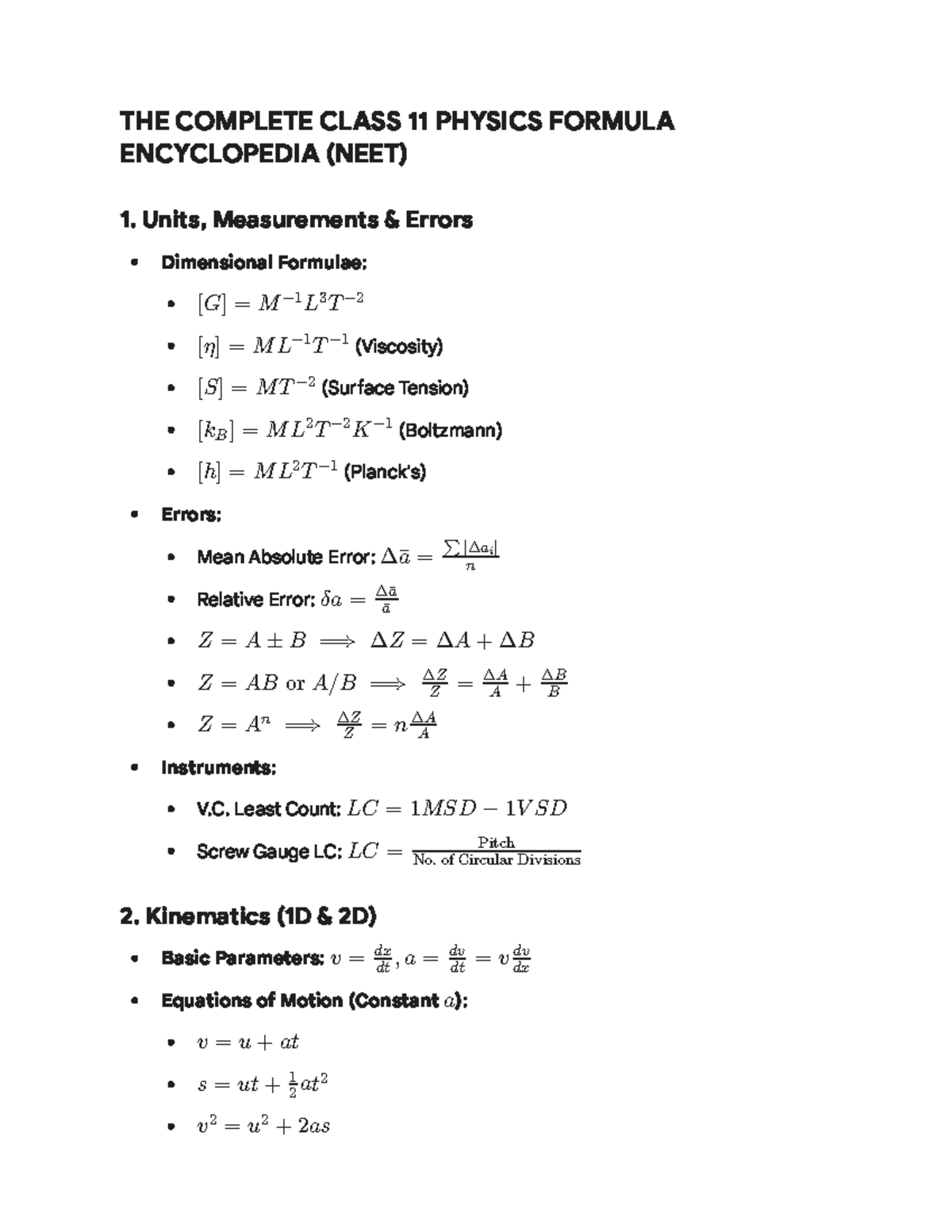 Class 11 Physics Formula Sheet Encyclopedia (NEET) - Studocu