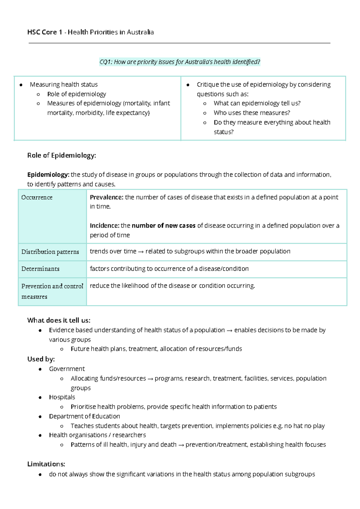 HSC PDHPE Core 1 Exam Notes on Health Priorities in Australia - Studocu