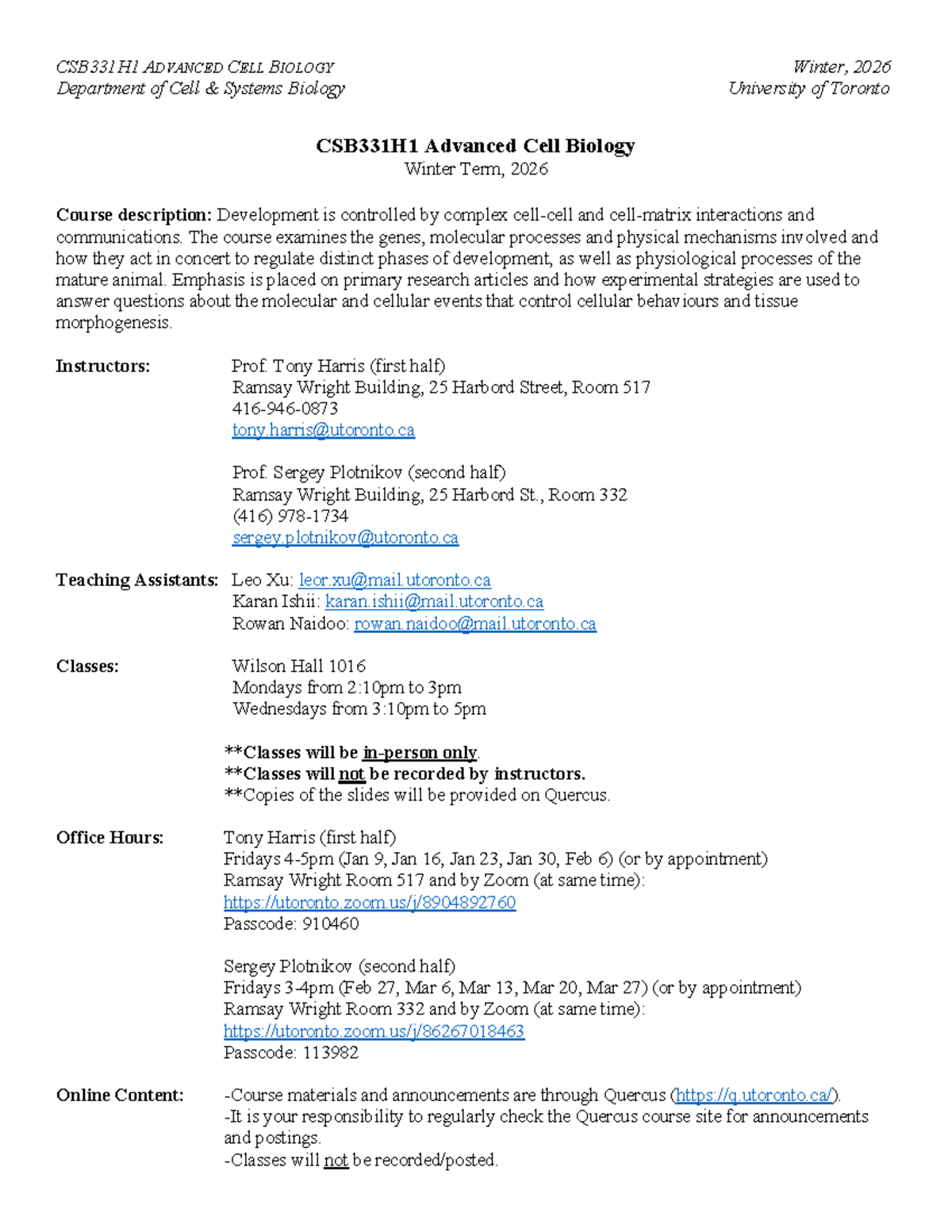 CSB331H1 Advanced Cell Biology Syllabus & Schedule - Winter 2026 - Studocu