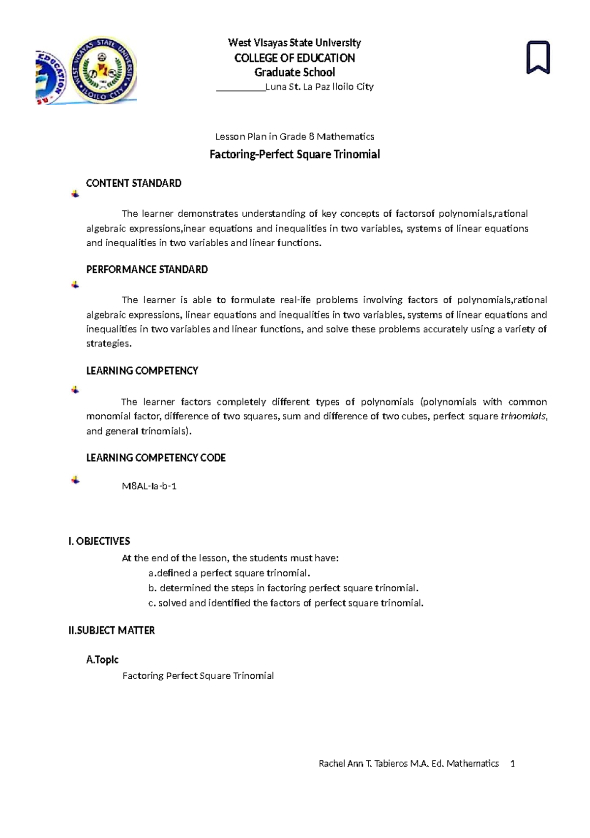 DLP 1 - Lesson Plan on Factoring Perfect Square Trinomials for Grade 8 ...