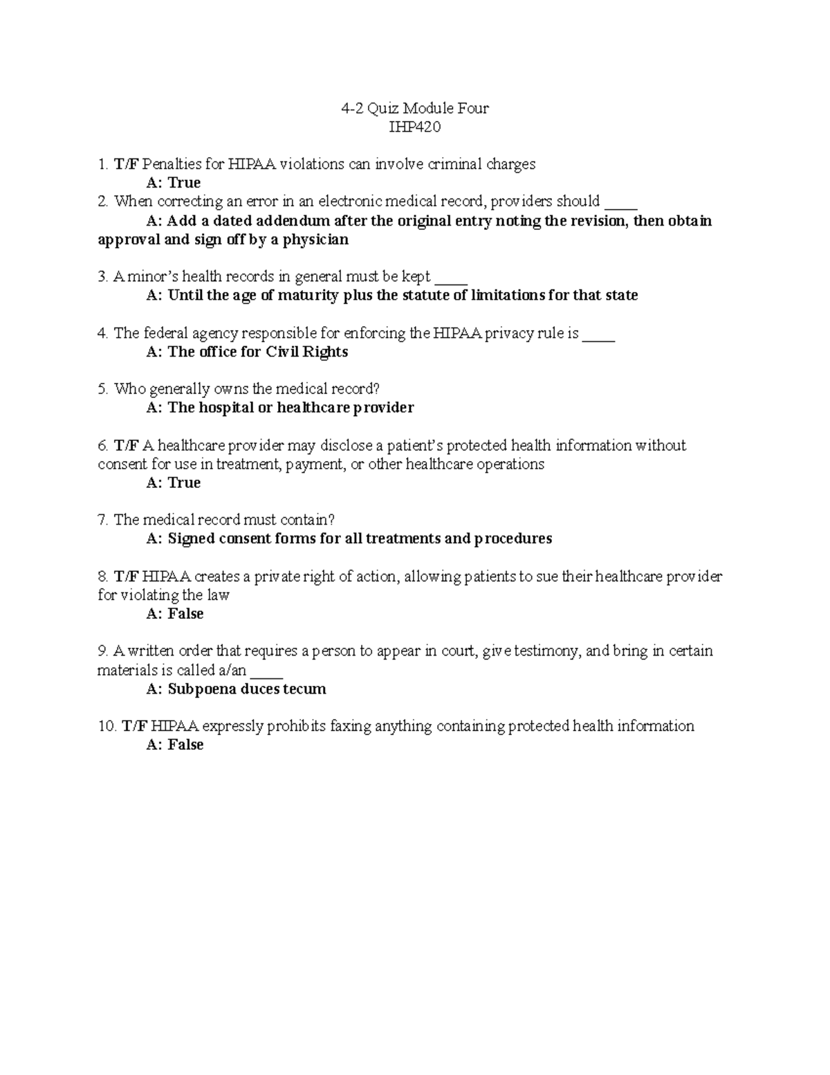 4-2 Quiz: HIPAA Regulations in Module 4 IHP - Studocu