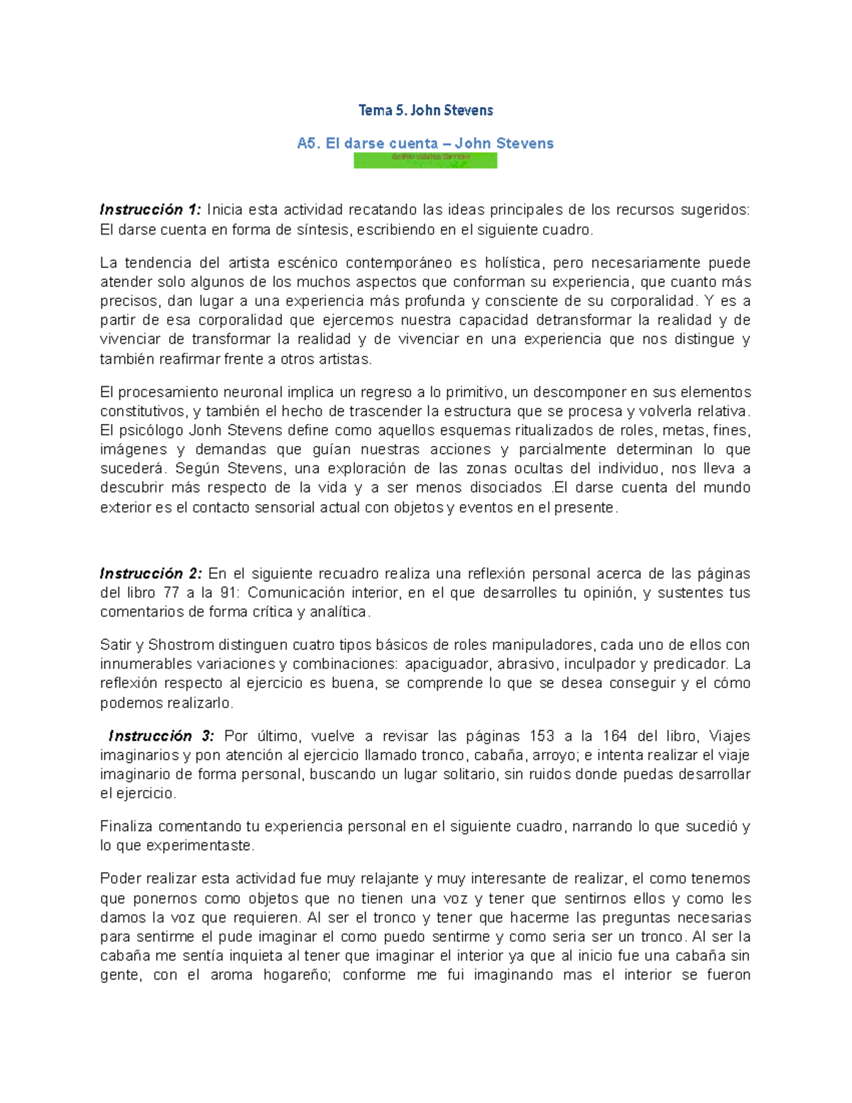 Tema 5: Reflexiones sobre "El darse cuenta" - John Stevens (A.5) - Studocu