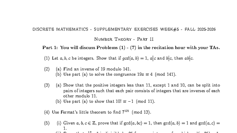DISCRETE MATHEMATICS SUPPLEMENTARY EXERCISES FALL 2025: Number Theory ...
