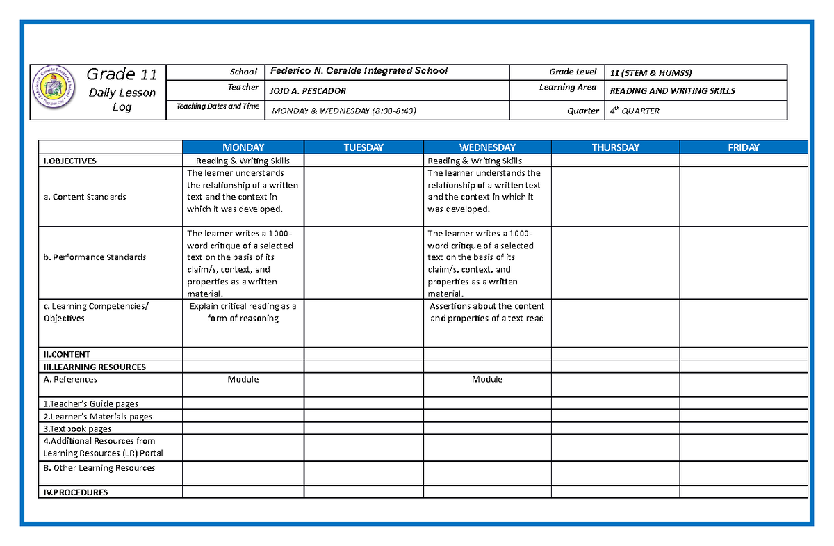 Grade 11 Reading & Writing Skills Daily Lesson Log (Q4) - Studocu
