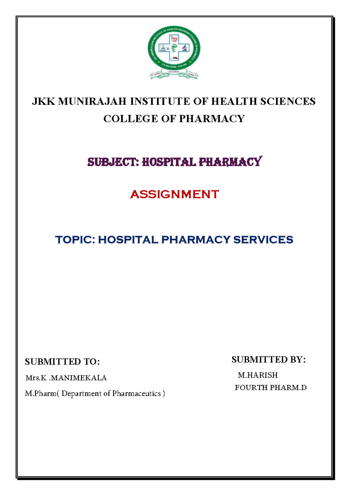 Hospital Pharmacy Assignment: Procurement & Inventory Control (PHAR 401 ...