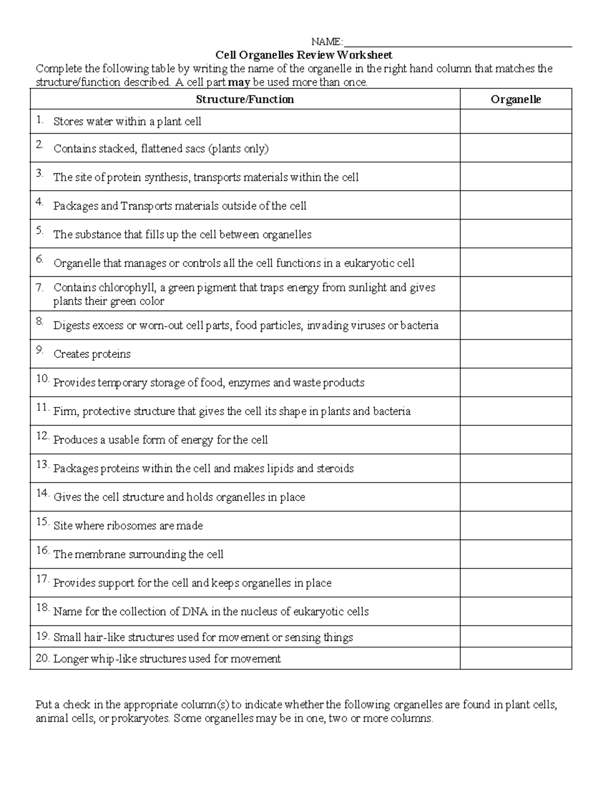Cell Organelles Review Worksheet - Bio 101 - Studocu