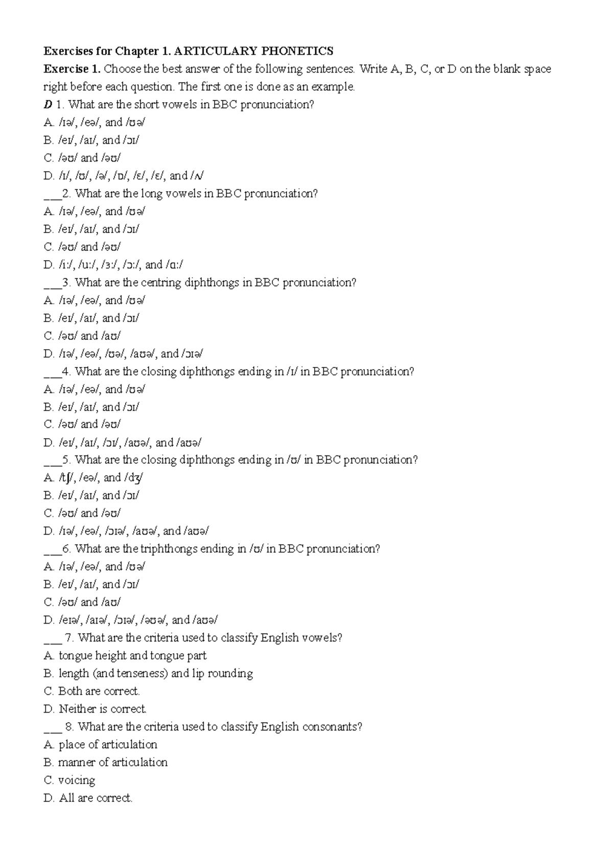 Exercises for Chapter 1: ARTICULARY PHONETICS - Studocu