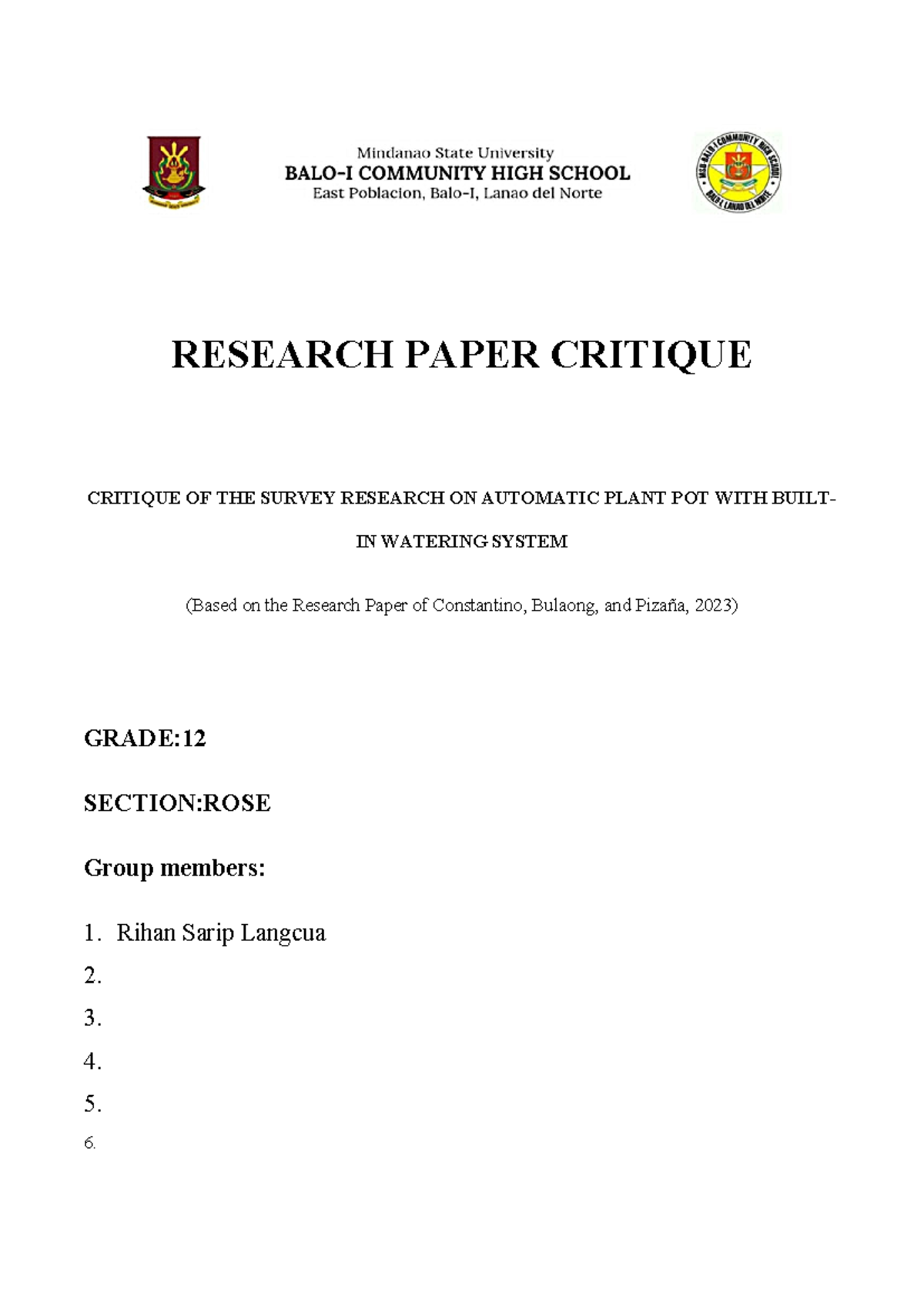 RESEARCH PAPER CRITIQUE: AUTOMATIC PLANT POT SURVEY (PRAC RES 2) - Studocu