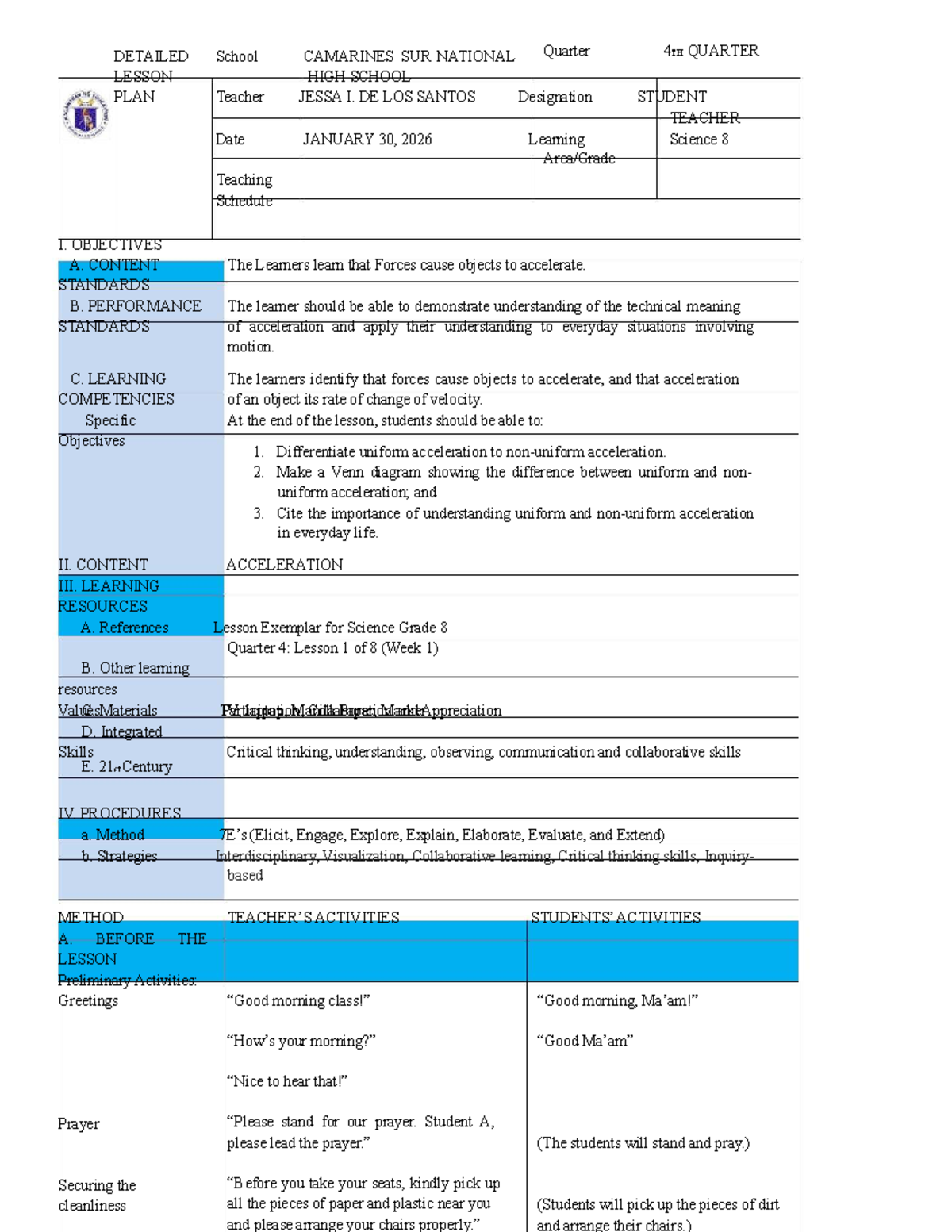 Detailed Lesson Plan: Science 8 - Acceleration (4th Quarter) - Studocu