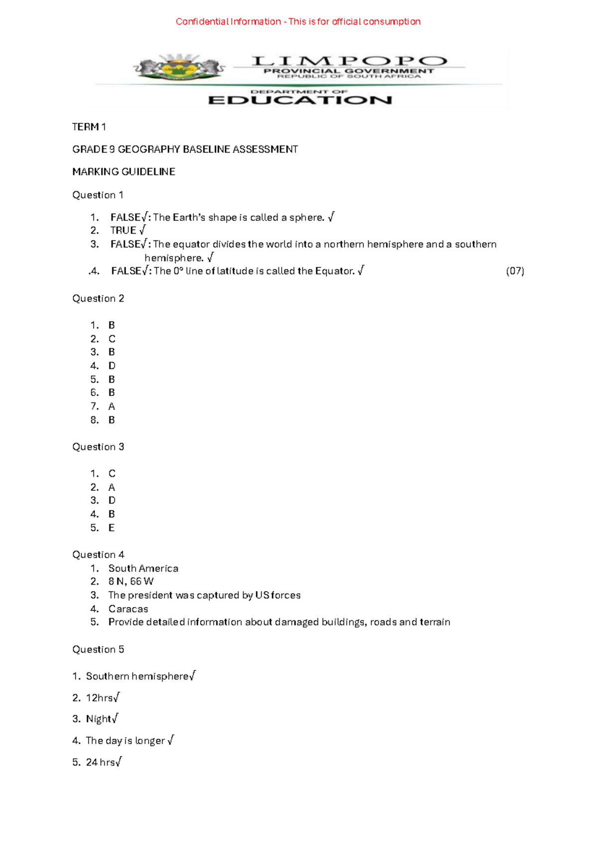 Grade 9 Geography Baseline Assessment Marking Guideline Term 1 - Studocu