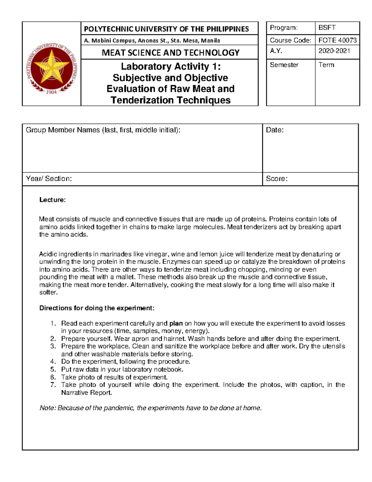 FOTE 40073 Lab Activity 1: Evaluating Raw Meat & Tenderization ...