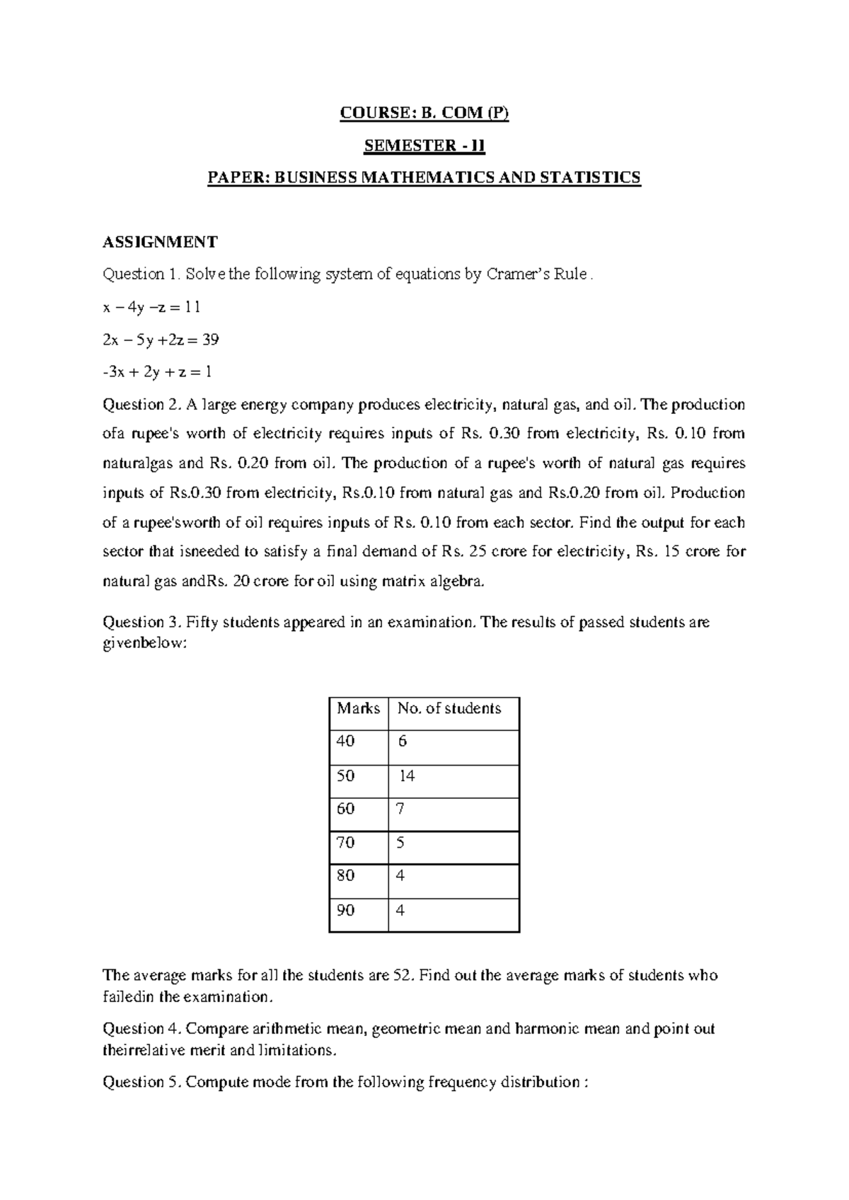 B. COM (P) SEM II: Business Mathematics & Statistics Assignment - Studocu