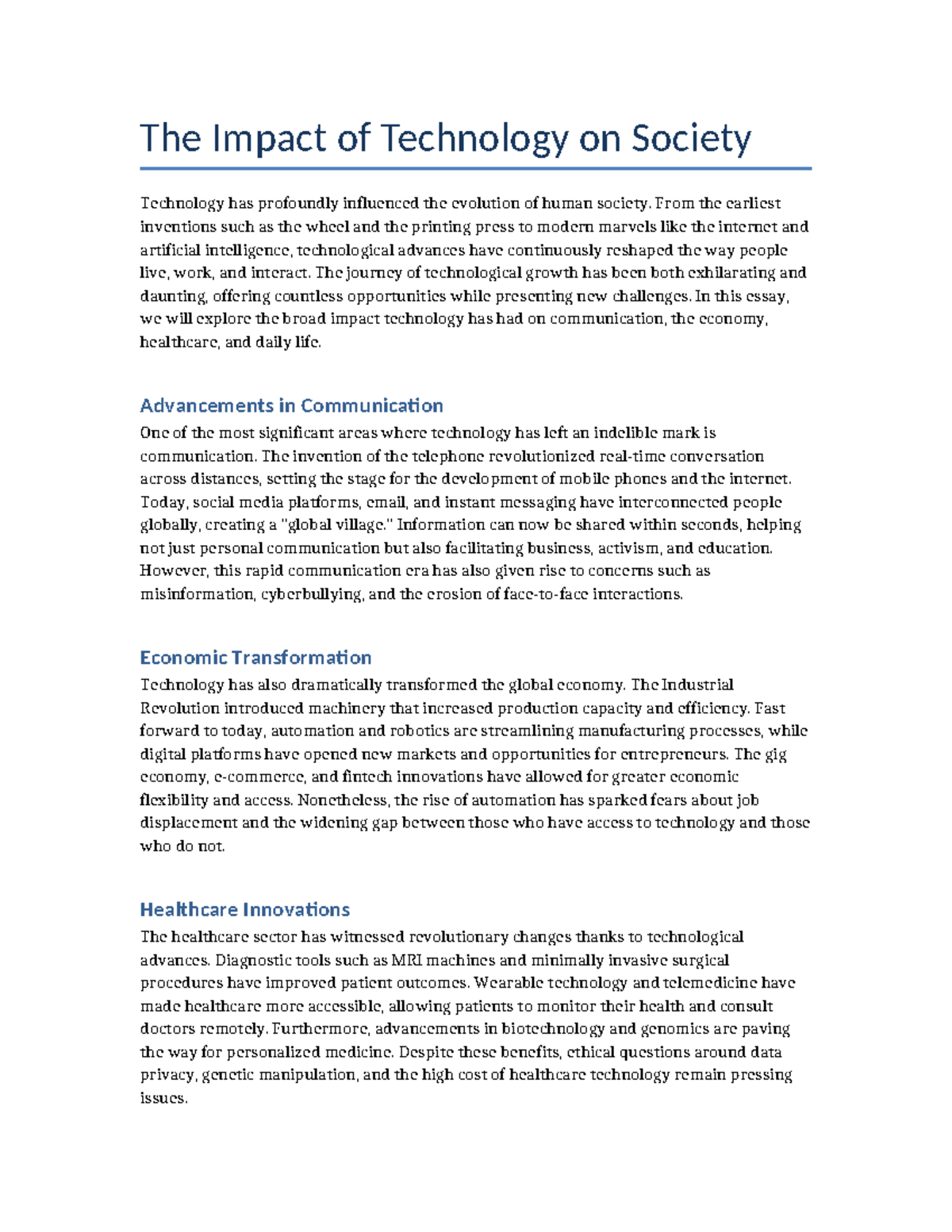 Impact of Technology on Society: Communication, Economy & Healthcare ...