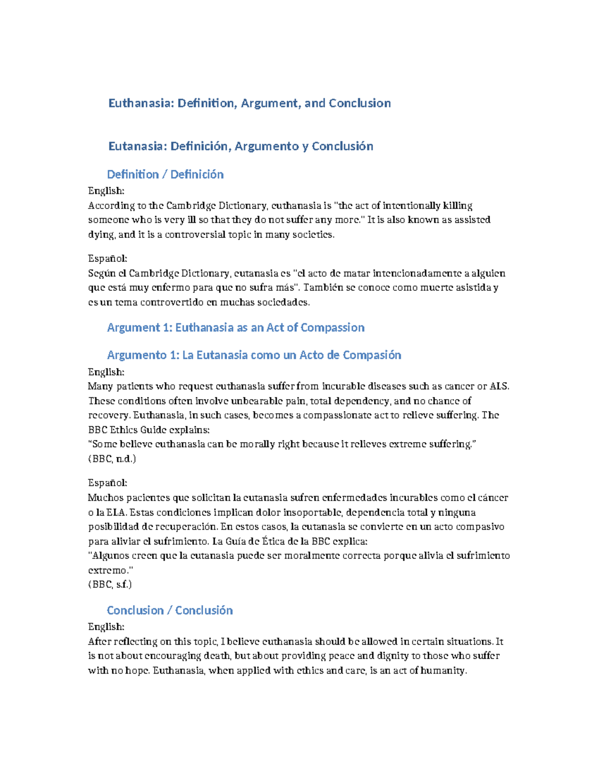 Euthanasia essay bilingual: Definition, arguments, and conclusion - Studocu