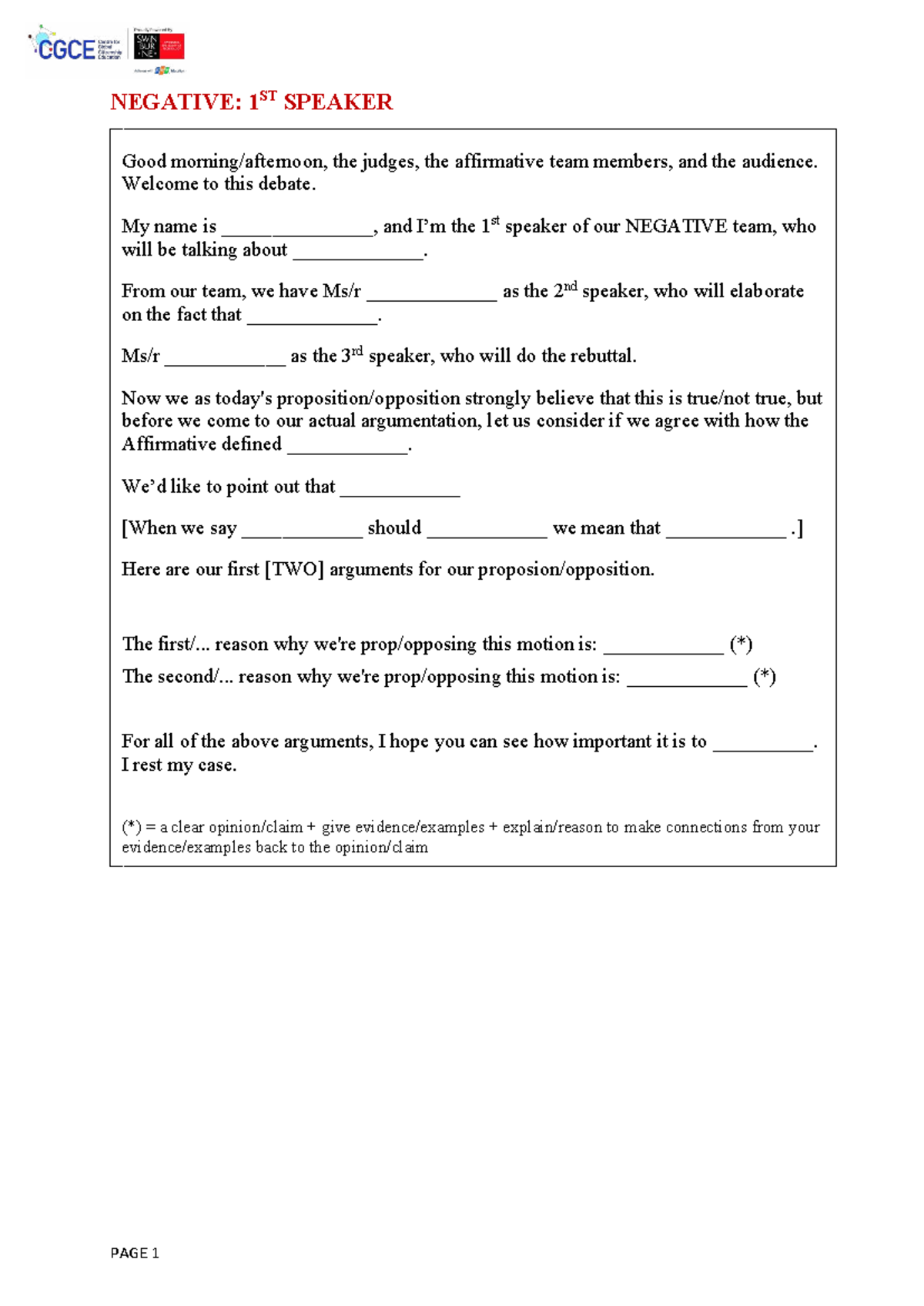 Negative Team Debate Script: 1st, 2nd Speaker & Reply Speech - Studocu