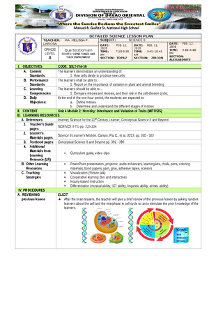 MITOSIS AND MEIOSIS - DETAILED LESSON PLAN School San Juan National ...