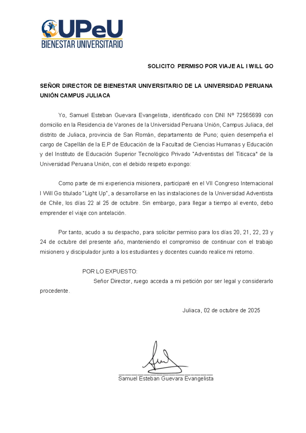 Solicitud de Permiso de Viaje para el VII Congreso I Will Go - BUJU ...