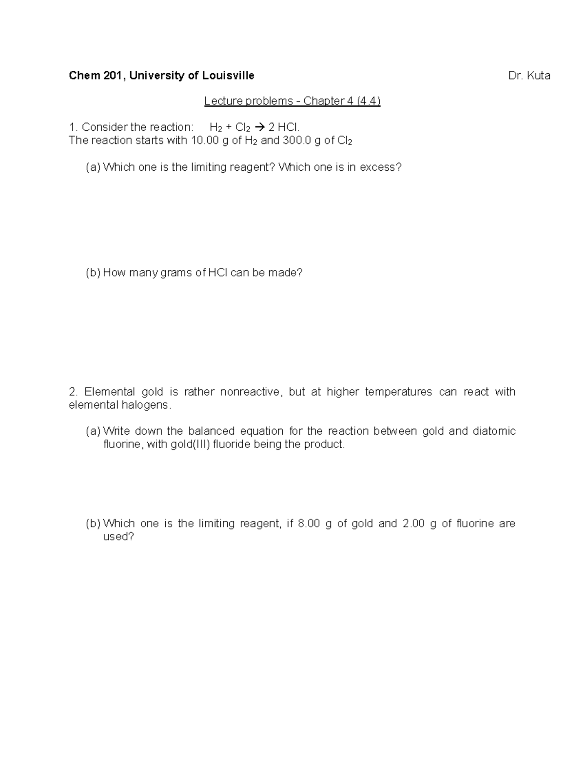 Chem 201 Lecture Problems: Chapter 4 on Reaction Stoichiometry - Studocu
