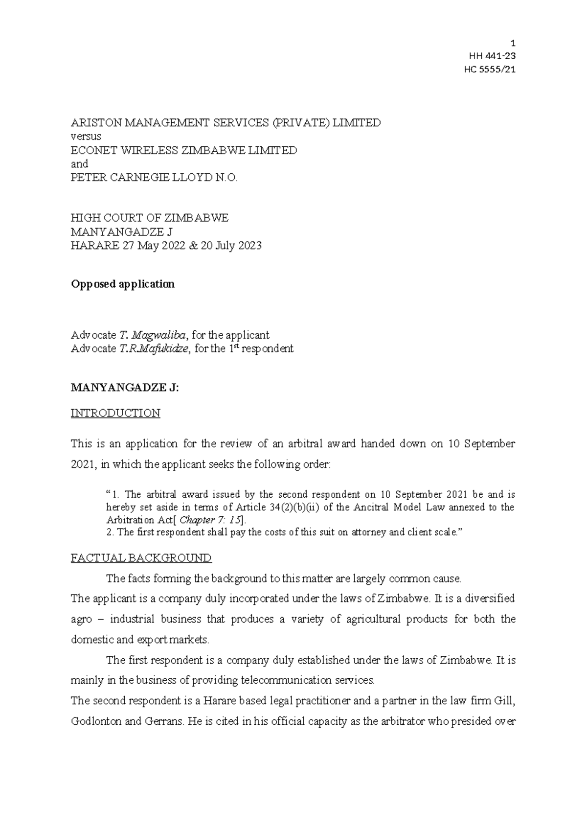 Case Study: Ariston Management Services (Private) Ltd v Econet Wireless ...