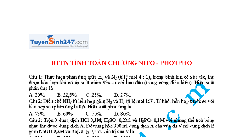 BTTN TÍNH TOÁN NITO PHOTPHO - Bài Tập Trắc Nghiệm - Studocu